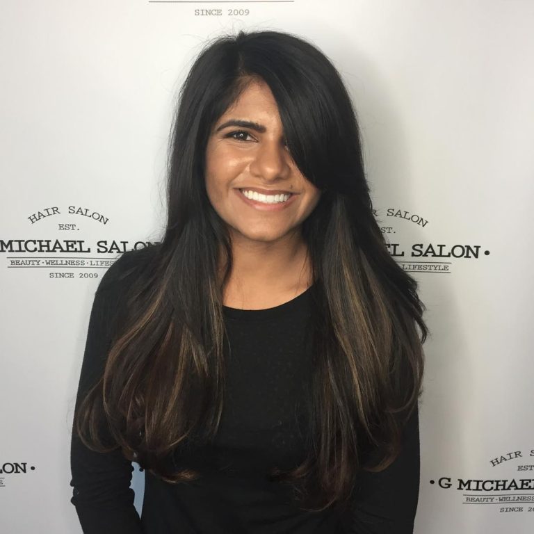 Long Dark Layered Cut with Side Swept Bangs and Balayage Coloring - The ...