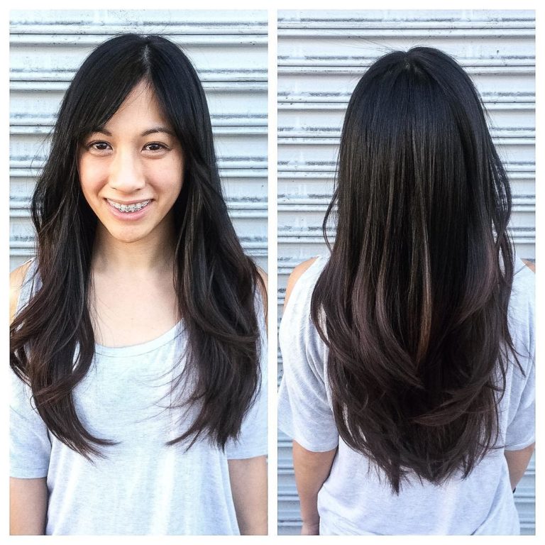 Long Fringe Layers with Parted Bangs and Brunette Color - The Latest ...