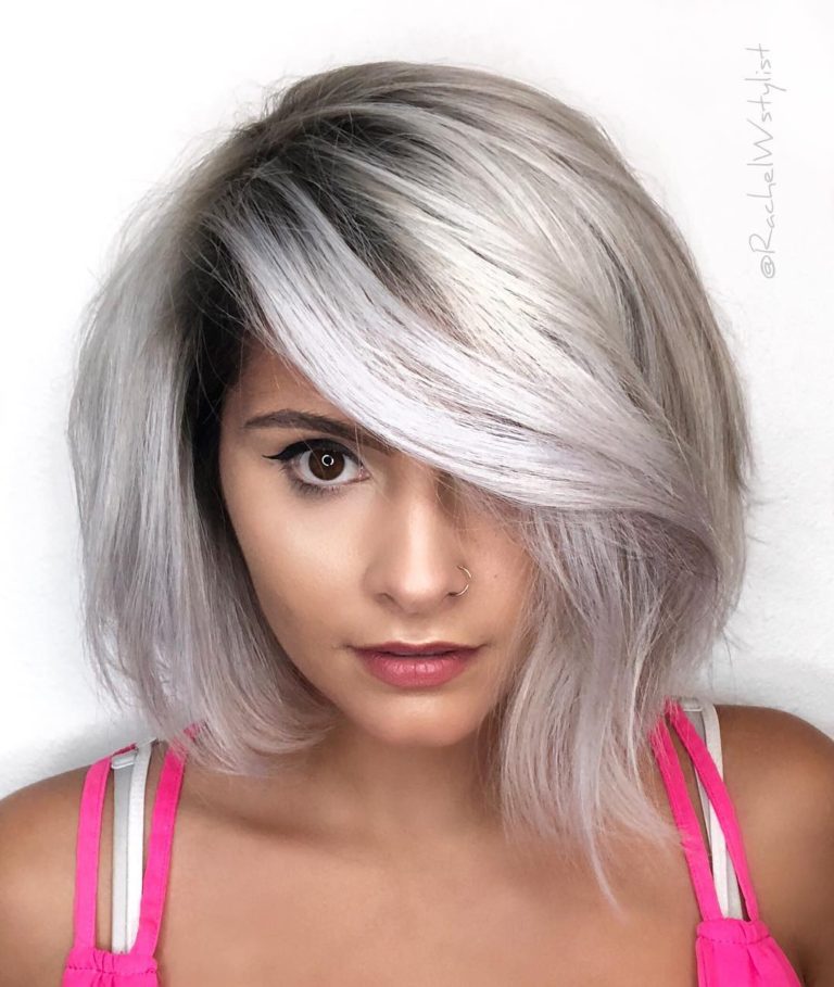 Smoky Silver Platinum Asymmetric Bob with Long Side Swept Bangs and ...