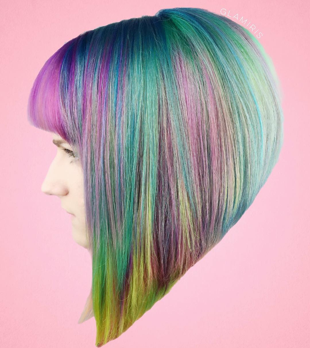 Short Blunt Sharp Angled Bob with Full Bangs and Rainbow Color - The ...